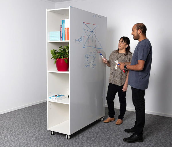 Double sided mobile whiteboard storage unit